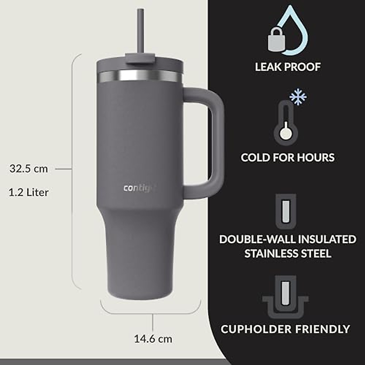 Contigo Tumbler 1200 ml with handle | Stainless Steel Vacuum Insulated Water Bottle with Straw and Lid | Cold for 29 hours | Travel Mug | Thermal Flask | BPA Free | Darkstone