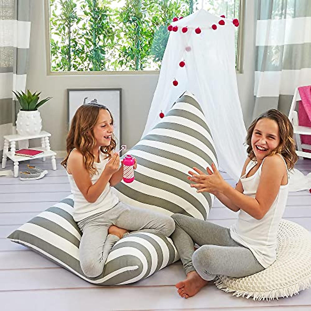 Butterfly Craze Bean Bag Chair Cover, Functional Toddler Toy Organizer, Fill with Stuffed Animals to Create a Jumbo, Comfy Floor Lounger for Boys or Girls, Stuffing Not Included, Grey Stripe