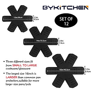 BYKITCHEN Pan Protector with Stars, Set of 12 and 3 Different Sizes, Black Pan Separators, Felt Pot Protectors for Stacking and Separating Your Cookware