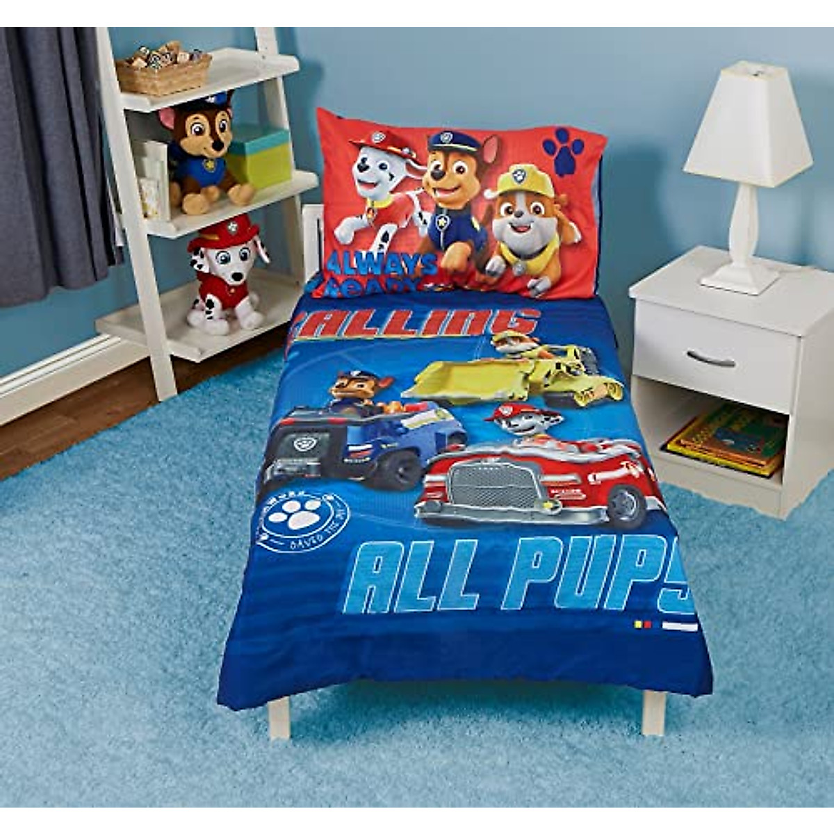 Paw Patrol Calling All Pups 4 Piece Toddler Bedding Set - Includes Quilted Comforter, Fitted Sheet, Top Sheet, and Pillow Case for Boys Bed, Blue