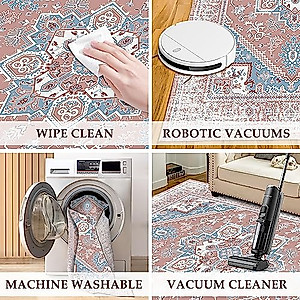 Washable Rug 9'x12' Area Rug for Living Room Bedroom Rug Lightweight Large Area Rug Thin Vintage Rug No Smell Machine Washable Rug Accent Rug for Dining Room Home Kitchen, Blue