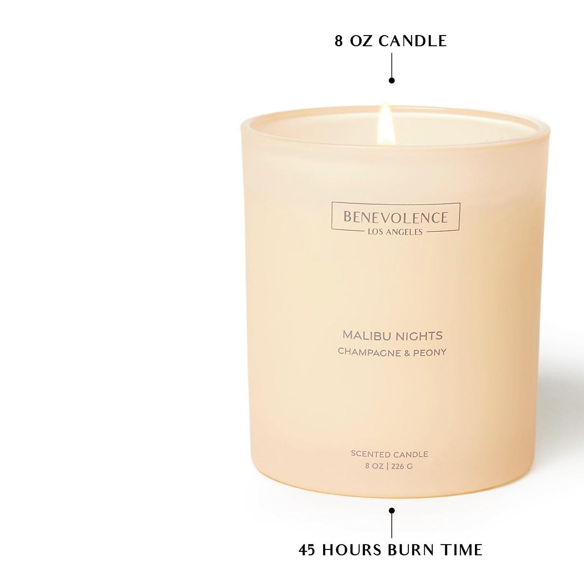 Benevolence LA Malibu Nights Scented Candle | Champagne & Peony | 8oz, 45-Hour Burn | Luxurious Home Fragrance | Natural Wax, Cotton Wick | Malibu Sands Collection