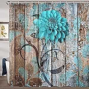 RYSSH 4Pcs Farmhouse Rustic Teal Floral Flower Shower Curtain Sets with Non-Slip Rugs, Toilet Lid Cover and Bath Mat for Bathroom…