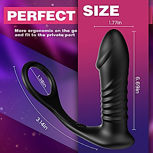 Thrusting Anal Vibrator with Thick Penis Ring, 3*10 Vibrating&Telescopic Prostate Massager Dildo Shaped Anal Plug, TIVINO Silicone Male Sex Toys Gay Toy for Men Masturbation and Foreplay