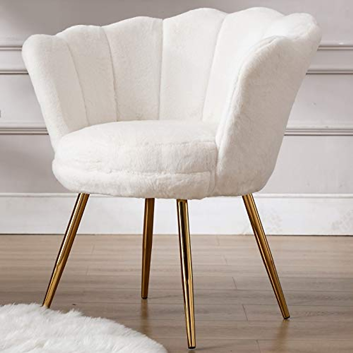 Plush Faux Fur Upholstered Living Room Chair, Comfy Mid-Century Modern Micro Fiber Vanity Chair with Gold Legs, Retro Accent Barrel Dining Chair, White