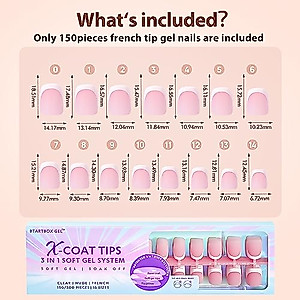 BTArtboxnails French Gel Nail Tips -150Pcs French Tip Press on Nails Pink Extra Short Square 3 in 1 X-coat Tips Pre-applied Tip Primer & Base Coat, No Need to File Fake Nails for Nail Art DIY 15 Sizes