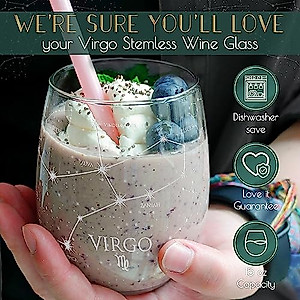 Greenline Goods Virgo Stemless Wine Glass Etched Zodiac Virgo Gift 15 oz (Single Glass) - Astrology Sign Constellation Tumbler