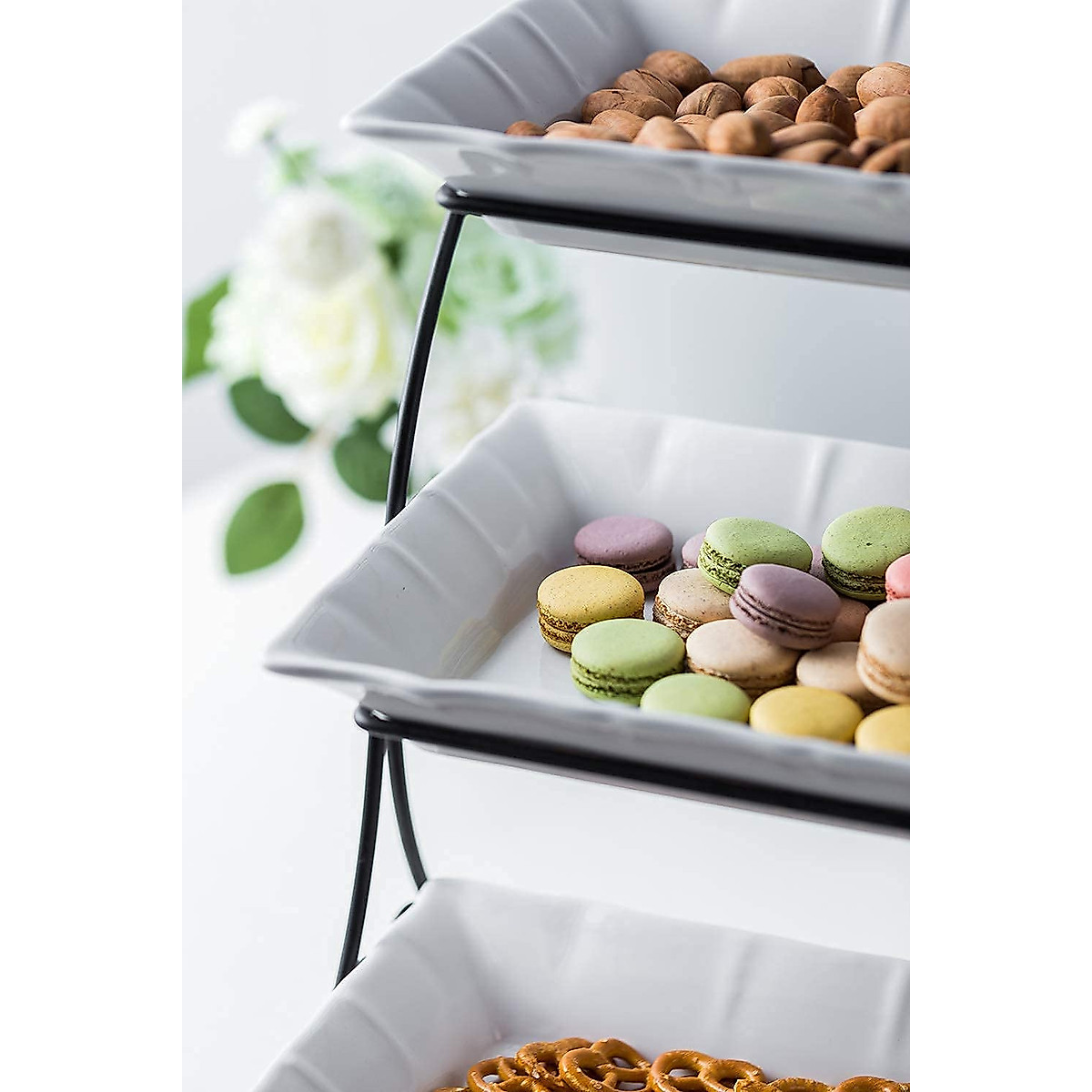 3 Tier Serving Stand Tiered Oval Bowl Stand with 3 Oval Porcelain Serving Bowl Set with Collapsible Thicker Sturdier Metal Rack (Black)