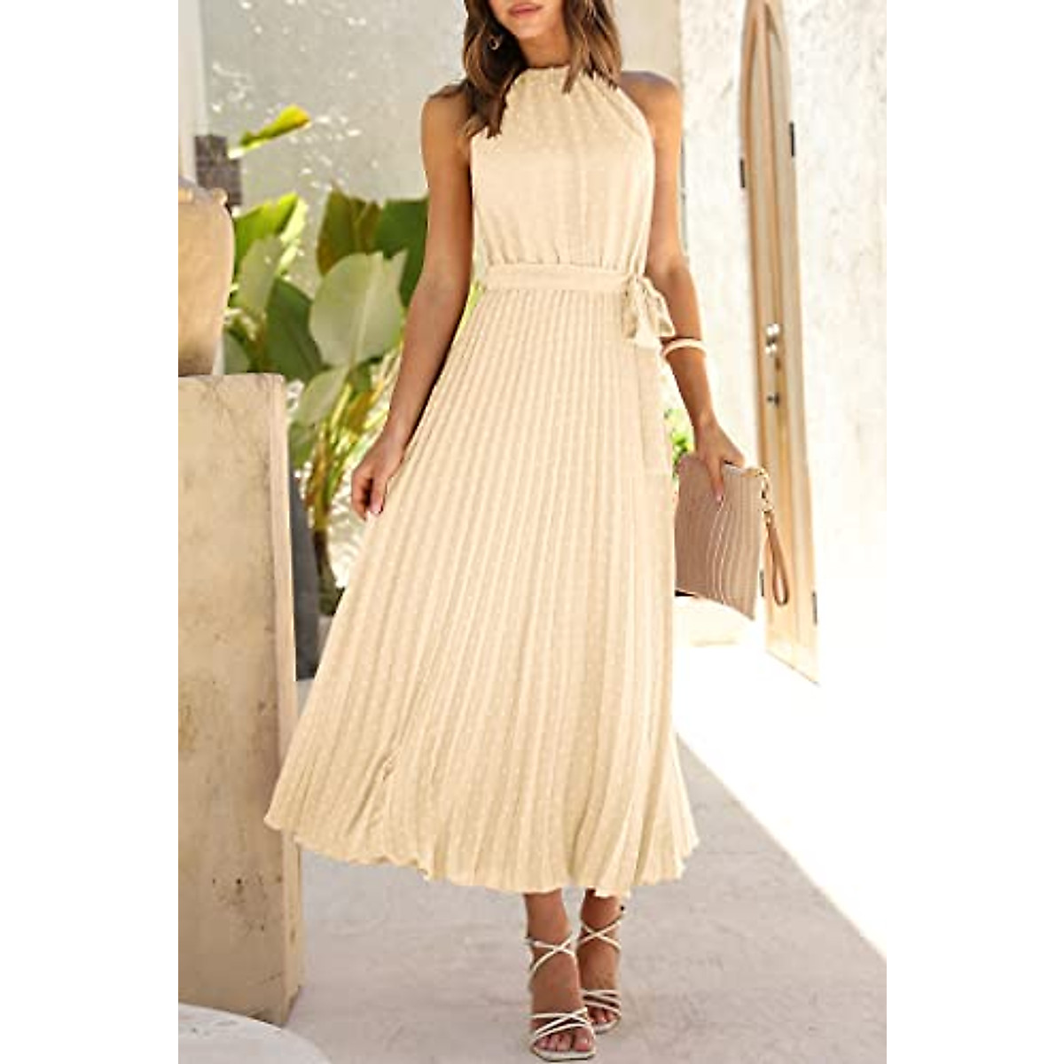 PRETTYGARDEN Women's Midi Summer Dresses Casual Halter Neck Swiss Dot Ruffle Sleeveless A Line Beach Sun Dress (Z_Apricot,Large)