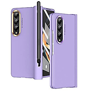 EAXER Compatible with Samsung Galaxy Z Fold 4 Case, Shockproof Plating Lens Hinge Protector Screen Case Cover S Pen Holder with Pen Stylus (Purple)
