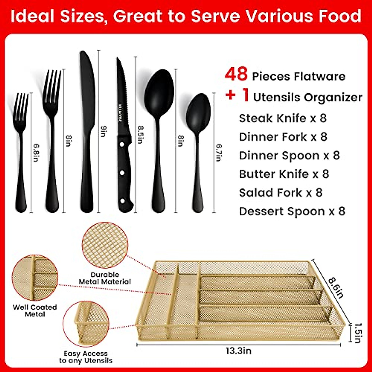 48 pcs BLack Silverware with Organizer, Stainless Steel Flatware with Steak Knife, Mirror Polished Cutlery Utensil Set, Durable Home Kitchen Eating Tableware Set, Include Fork Knife Spoon Set