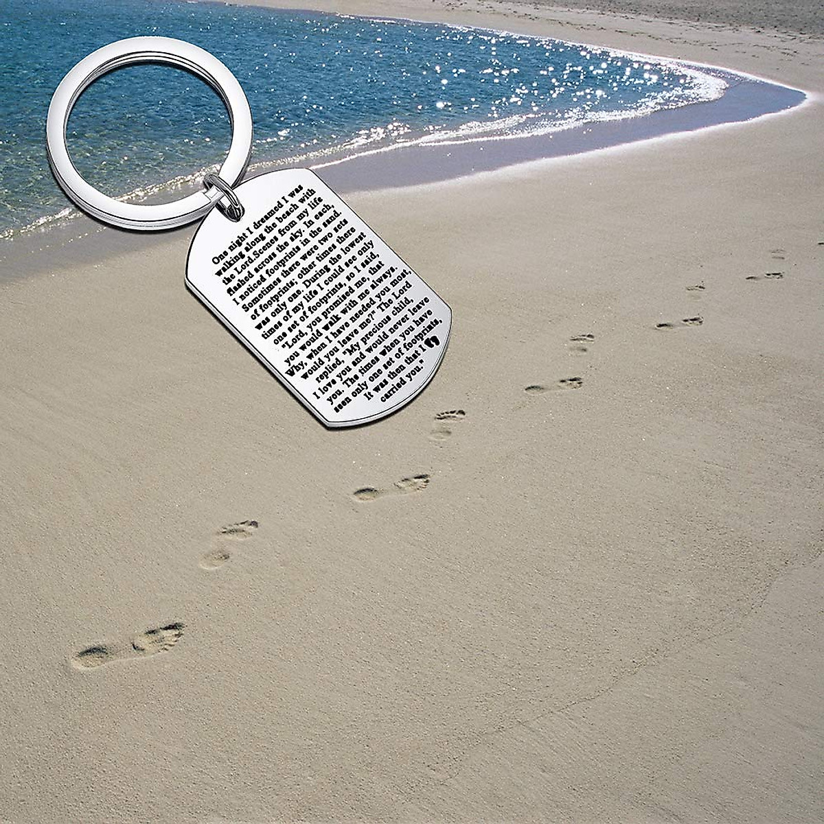 Footprints in The Sand Prayer Key Poems Quote Gift When You Saw Only One Set of Footprints It was Then That I Carried You Key (Dog tag Keychain)