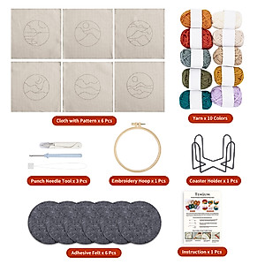 Temlum Punch Needle Coasters Kit, Punch Needle Embroidery Kit for Beginners and Adults Including Patterns, Tools, Yarns, Hoop, Instruction, Coaster Holder Coaster Art Craft Supplies (Landscape)