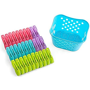 Goeielewe 30 Pcs Plastic Clothespins Clothing Clips Pegs with Storage Basket, Multifunction Windproof Clothing Towel Clips for Clothesline Hangers (Purple)