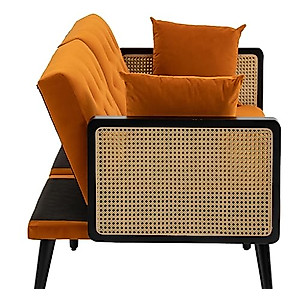 Lin-Utrend Velvet Loveseat Sofa with Rattan Armrest,61" Convertible Futon Sofa Bed,Sleeper Sofa Couch Loveseat for Small Space,Living Room,Apartment