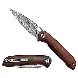 TRIVISA Handmade Folding Hunting Knife，3.5in 110 Layers Damascus Steel Liner Lock Rosewood Handle with Deep Carry Pocket Clip&Titanium Pivot Ring,Thumb Hole Flipper Opener with Ceramic Ball Bearing EDC Knives for Men，Sgr-01