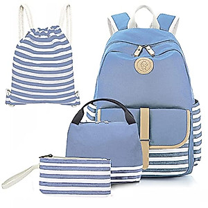 Createy 4 Pcs Canvas Backpack for Girls School Bag Kids Bookbags Teen Backpack Travel Daypack Stripe Backpack with Lunch Box and Pencil Case