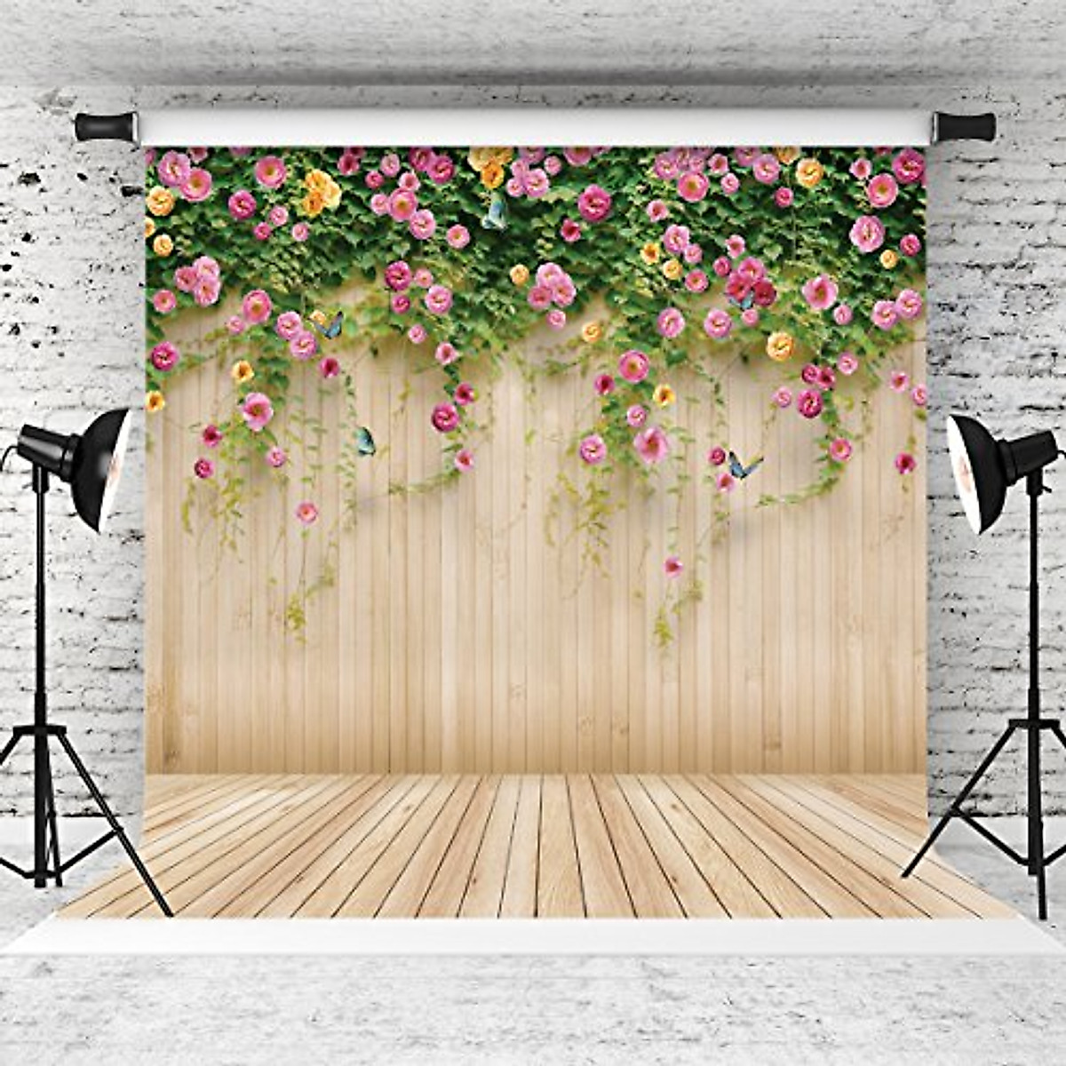 WOLADA 10x10FT Flower Wall Backdrop Spring Backdrop Spring Floral Photo Backdrop Brown Wood Plank Flower Wall Photography Backdrop Girl Birthday Party Wedding Shower Photography Background 8909