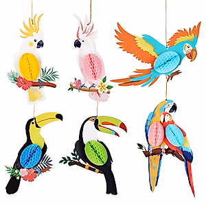 KESOTE 6 Pieces Hawaiian Tropical Parrot Birds Honeycomb Paper Cutouts Hanging Party Decorations, Summer Beach Tiki Bar Rainforest Party Decor for Home Classroom Yard