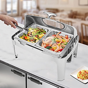 Roll Top Chafing Dish Buffet Set 9L/9.54Qt Stainless Steel Buffet Chafing Server Set Rectangular Buffet Chafer and Food Warmer for Catering Event Parties,25.2 * 18.11 * 17.32in (with Visible Window)