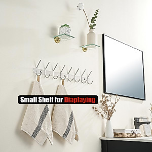 JQK Small Floating Glass Shelves Gold, 4 Inch Display Ledges for Wall, Mini Decor, Living Room Bedroom Bathroom, Tempered Glass Shower Storage, 2 Pack, TGS101L4-BG-P2