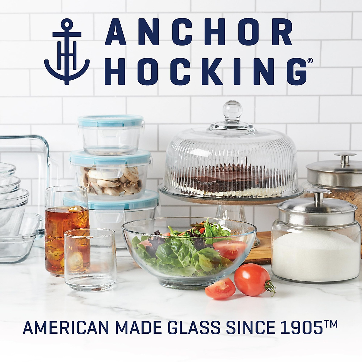 Anchor Hocking 16 Piece Round and Rectangle Glass Food Storage Containers, Space Saving Meal Prep, Navy BPA-Free SnugFit Lids