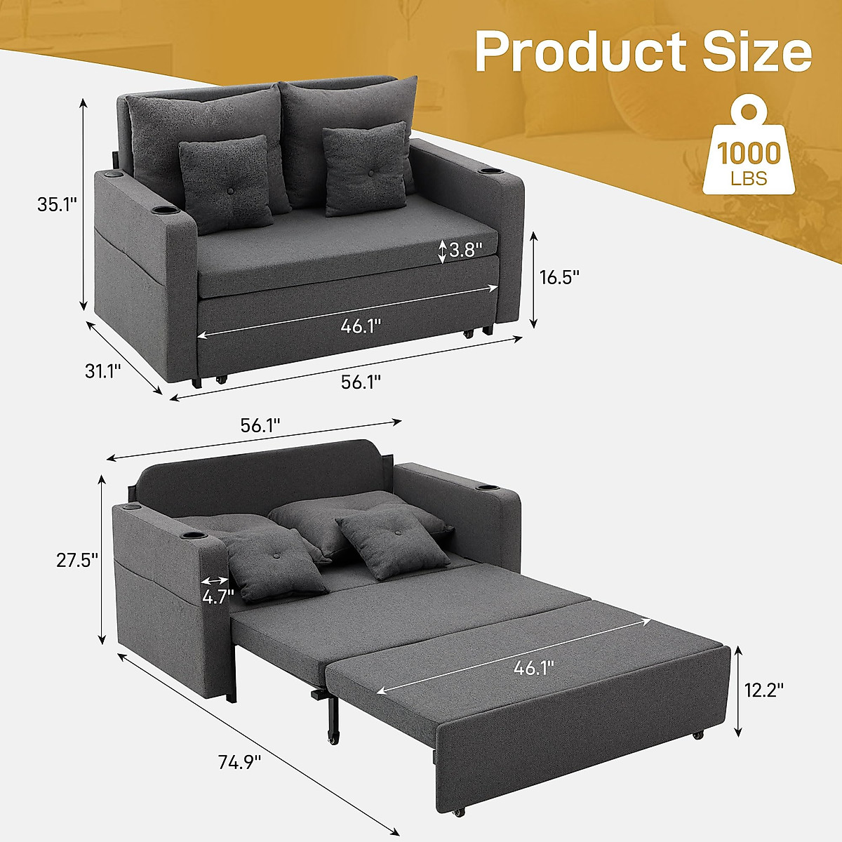 Busaurus 3 in 1 Loveseat Sleeper Sofa Couch Bed, 56" Full Size Convertible Sofa Bed, Pull Out Couch Bed with Storage Pocket, USB, Comfy Sofa Bed Couch for Living Room, Bedroom, Small Space, Dark Grey