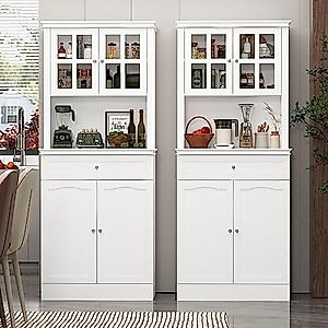 ECACAD Kitchen Pantry with 4 Doors, Drawer & Adjustable Shelves, Wood Storage Cabinet with Acrylic Doors, Freestanding Kitchen Cupboard Floor Cabinet for Living Room, White (29.9”W x 16.9”D x 72.3”H)