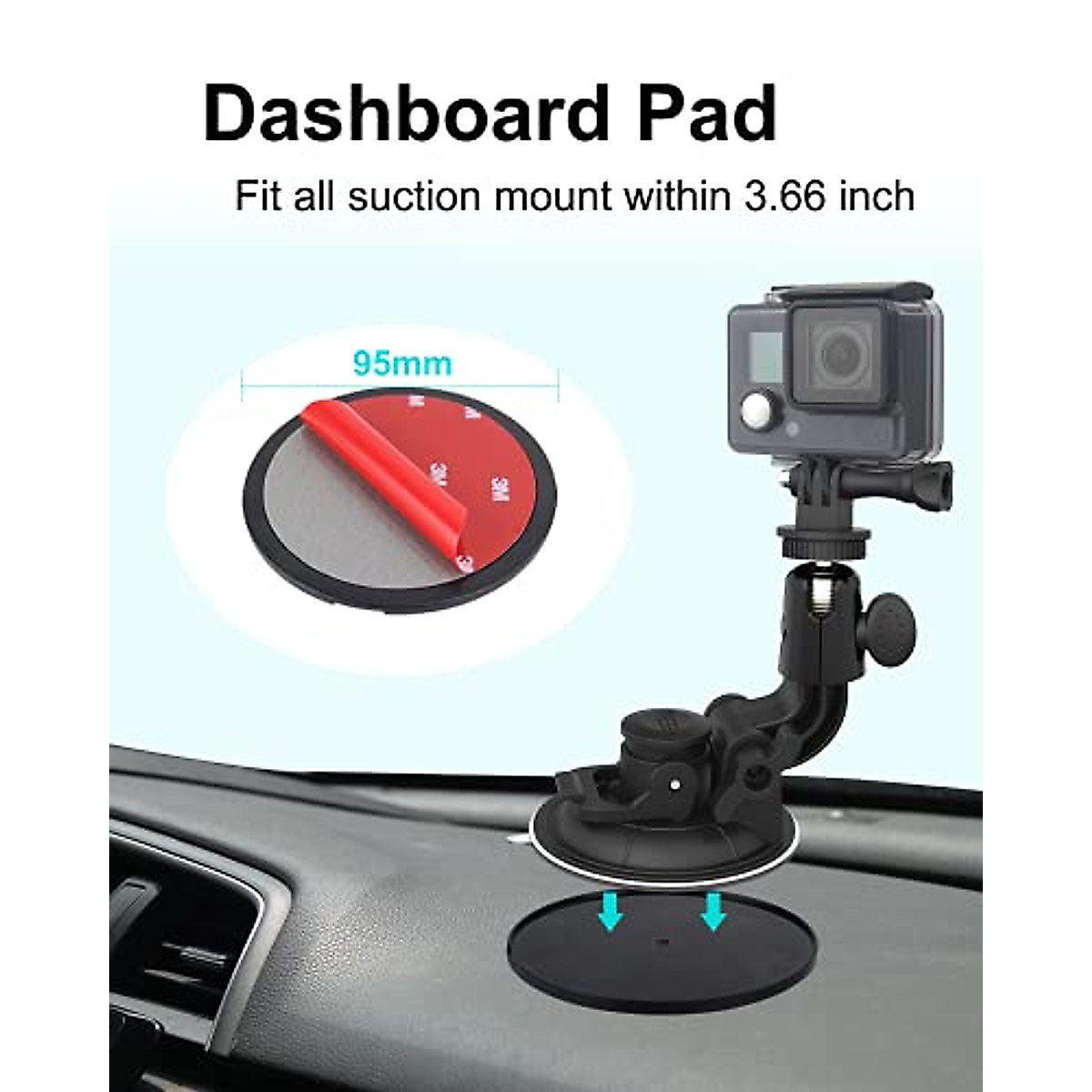Aozcu Suction Camera Mount, Car Windshield Dashboard Camera Holder with 3M Adhesive Disk for GoPro Max, Hero 9 8 7 6 5, Session 5, DJI OSMO Action, AKASO, Campark, Canon, DSLRs and Other Cameras
