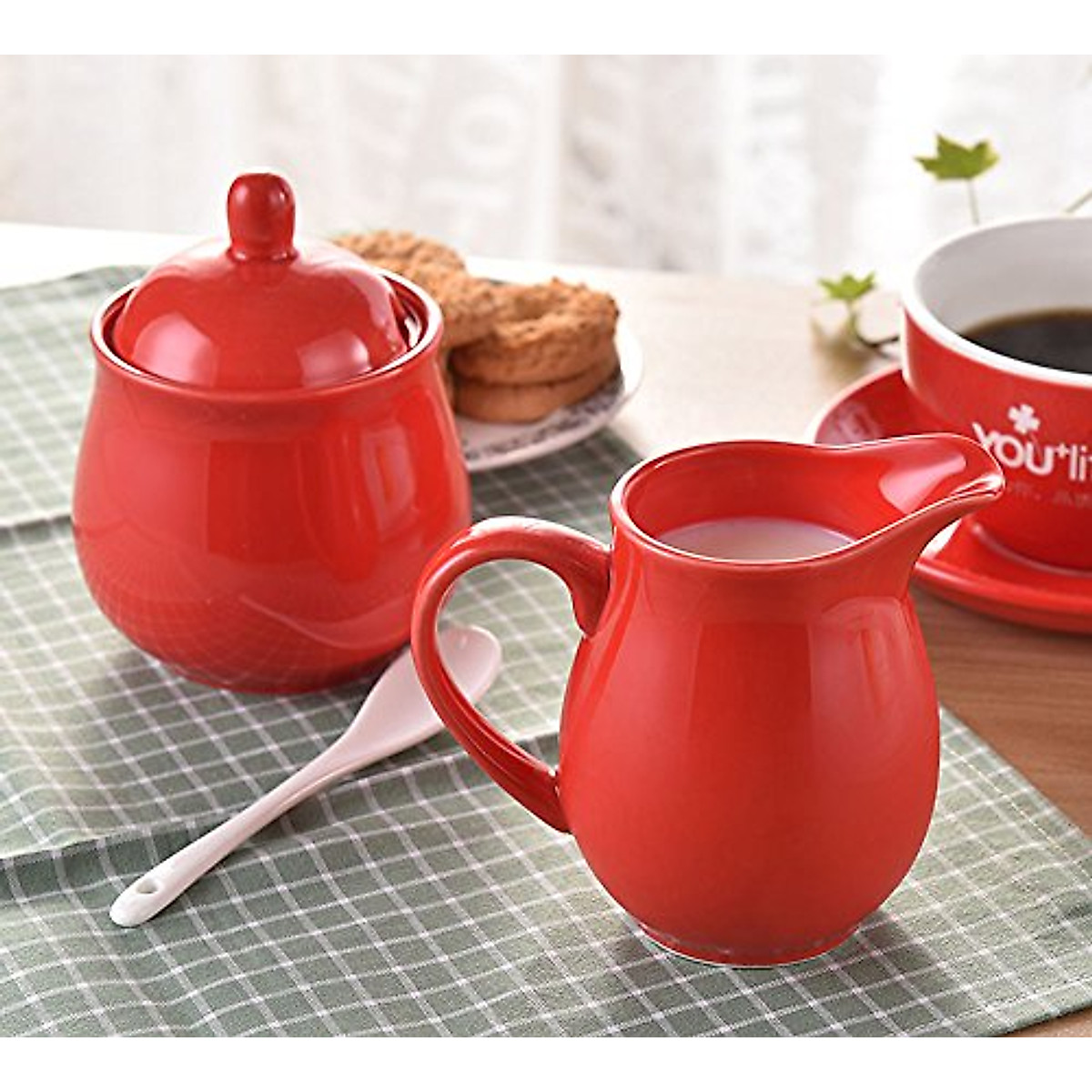 Ceramic Colorful Creamer and Sugar Set with Lid Spoon, Coffee Serving Set