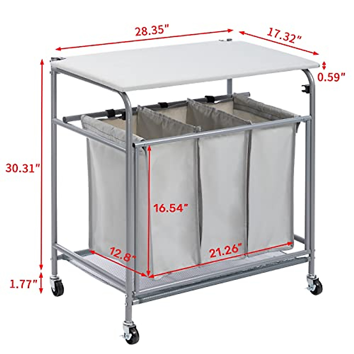ALIMORDEN Laundry Sorter Cart Heavy Duty 3 Bags Classic Rolling Side pull Laundry Hamper Sorter with Ironing Board and 4 Wheels Grey