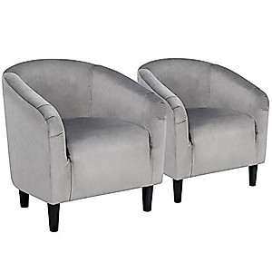 Yaheetech Velvet Comfy Accent Chairs Tufted Modern Barrel Chair with Soft Padded for Living Room/Waiting Room/Bedroom, Light Grey, Set of 2