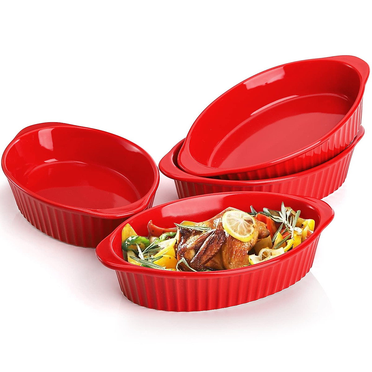 Foraineam 4 Pcs 15 oz Porcelain Oval Baking Dish Set, 8.7 x 5.3 x 1.7 inch Oven Safe Au Gratin Pans Small Table Serving Dishes, Lasagna Pan Crème Brulee Bakeware Set with Double Handles