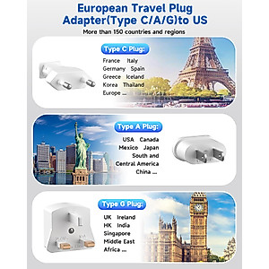 European Travel Plug Adapter, US to European Plug Adapter with 3 American Outlets & 4 USB, 3ft European Power Cord, International Travel Power Strip, Type C for Europe EU Germany France, Travel, White