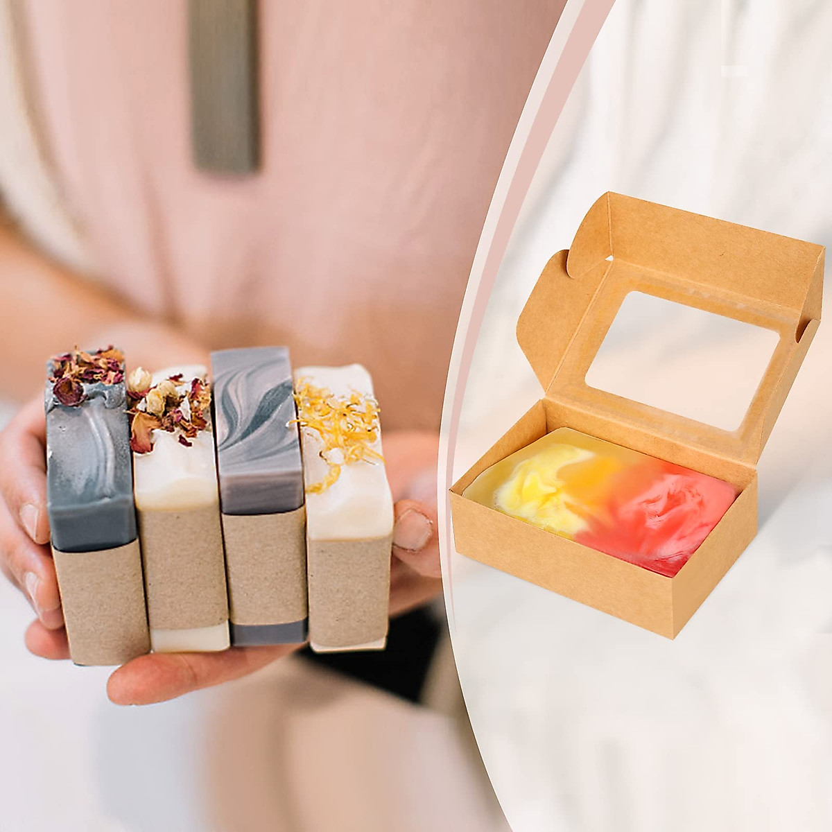 Soap Box, COTOPHER 30Pcs Small Soap Packaging Boxes 3.5x2.35x1.2 Inch Mini Kraft Boxes with Window Soap Boxes for Homemade Soap Candy Chocolate Bakery Cookies Soap Packaging