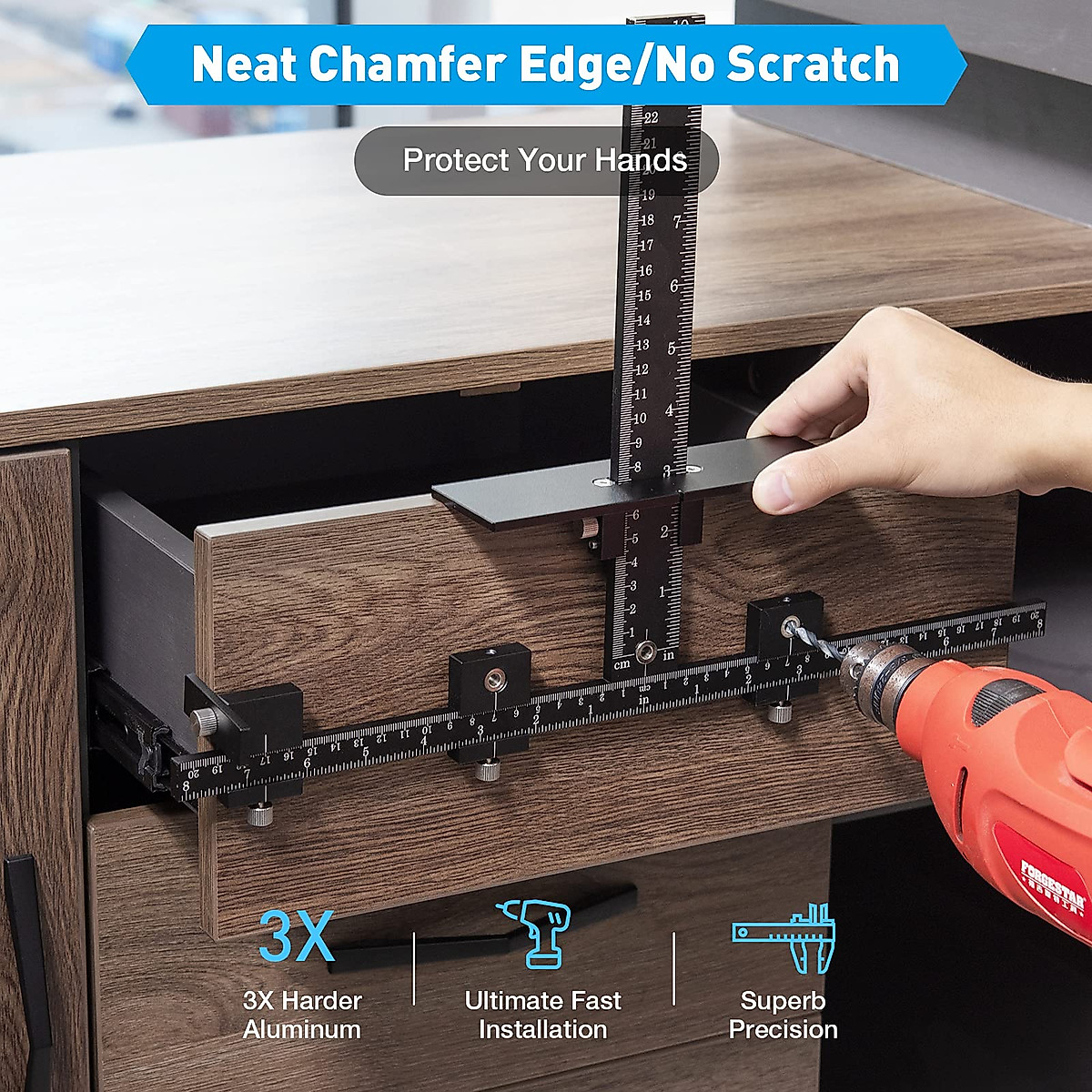 Neitra Cabinet Hardware Jig, Adjustable Drill Guide for Accurate Installation of Door and Drawer Front Handles and Knobs Punch Locator Wood Drilling Doweling Templates Jig Tool