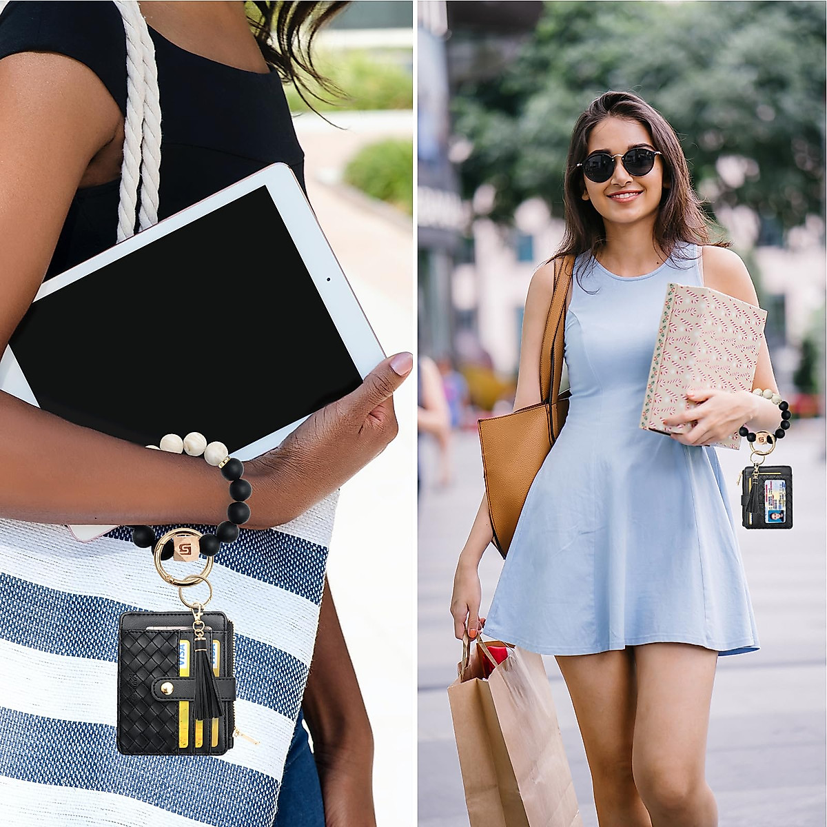 COOLANS Wristlet Bracelet Keychain Pocket Credit Card Holder Purse Tassel Keychain Bangle Key Ring for Women (Silicone Bead Bracelet+Card Purse (Black))