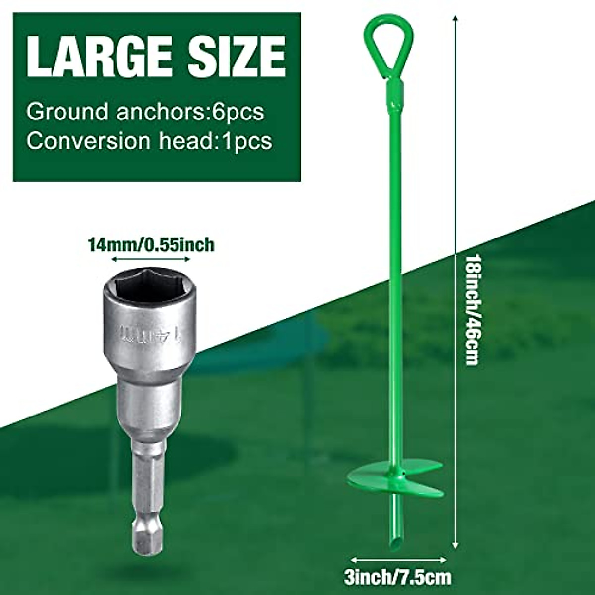 Tondiamo 18 Inch Long Ground Anchor Kit, 3 Inch Wide Helix, Heavy Duty Earth Augers Solid Steel Shaft with Drill Bit for Tents, Swing Sets, Securing Animals, Canopies, Sheds(Green, 6 Pcs)