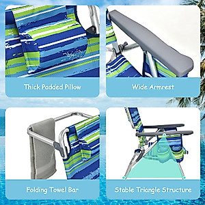 Goplus Backpack Beach Chairs, 3 Pcs Portable Camping Chairs with Cool Bag and Cup Holder, 5-Position Outdoor Reclining Chairs for Sunbathing, Fishing, Travelling (Blue+Green, with Side Table)