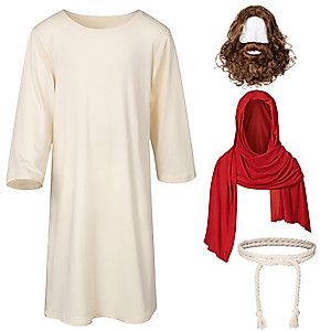 Kids Jesus Saint Religious Biblical Robe Fancy Dress Costume Wig Moustache Scarf Shawl Waist Rope set(Red 3-4 Years)
