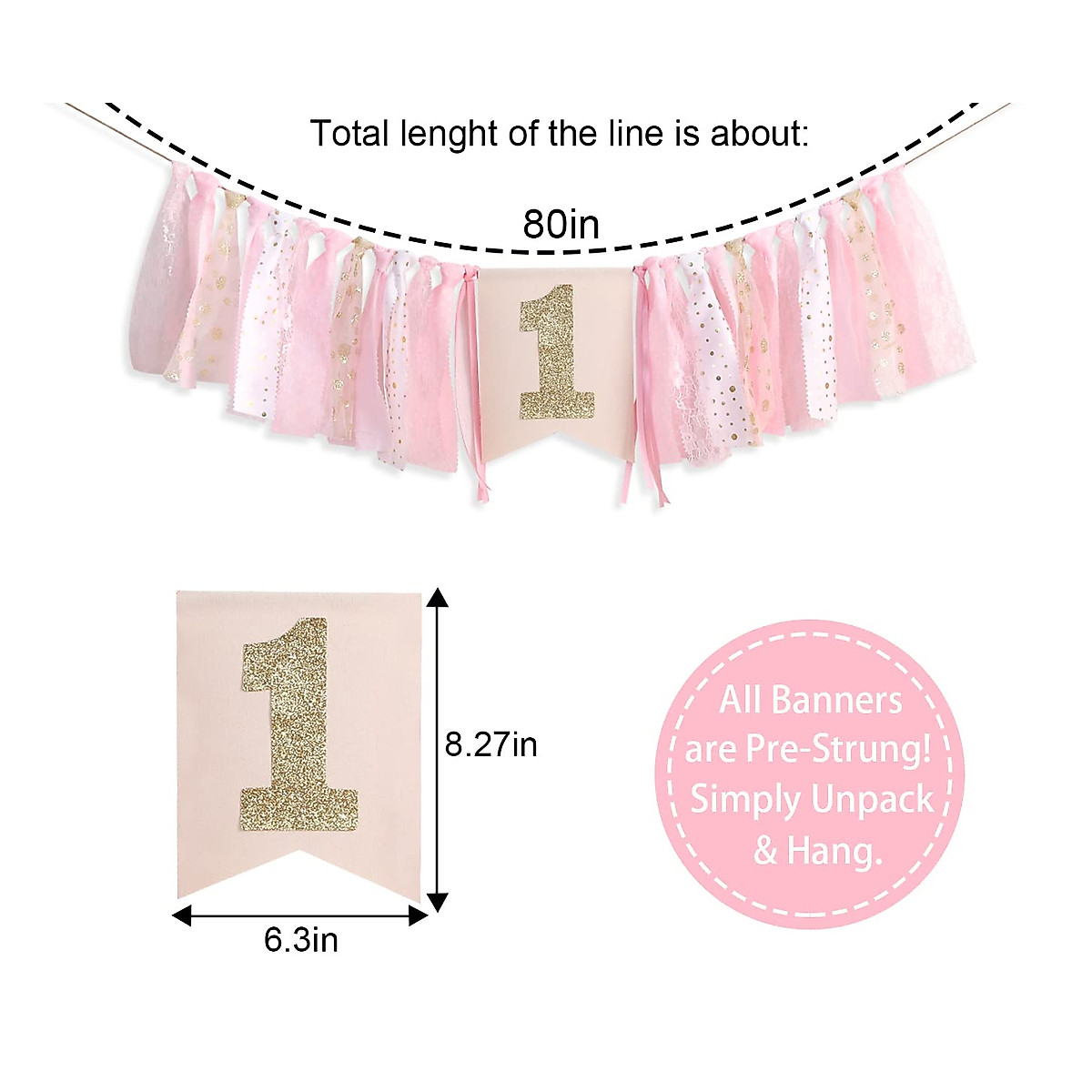 WAOUH Pink Highchair Banner - High chair Banner Decoration for First/1st Birthday, Cake Smash Photo Prop, Baby Girl Shower Anniversary Party, Gold one Birthday Sign.