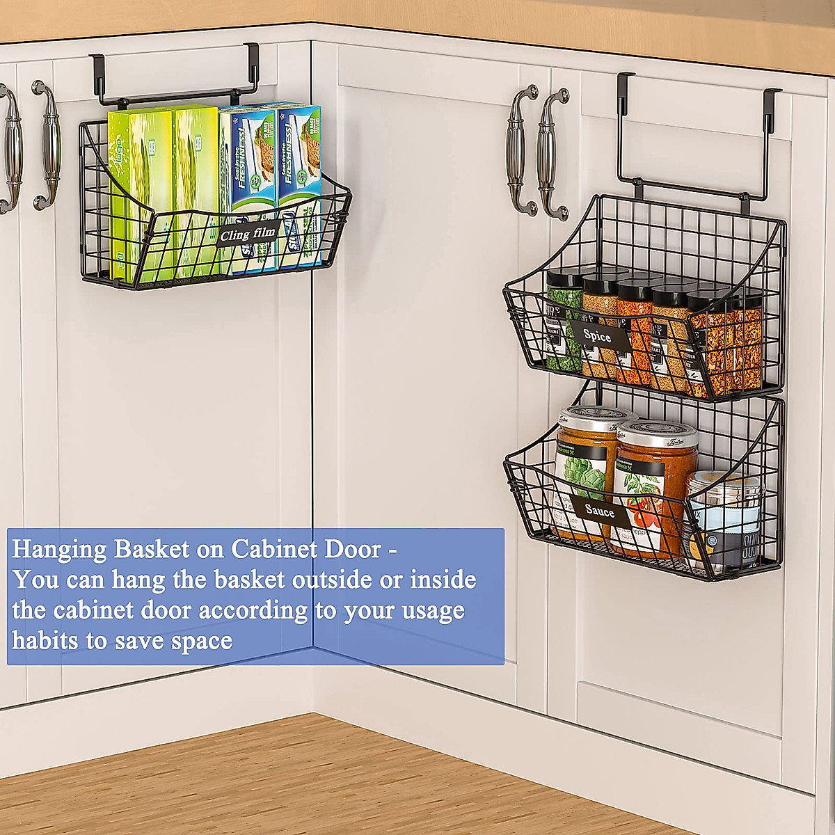 3 Pack Over Cabinet Door Organizer - Stackable Metal Storage Baskets with 3 Short/Mid/Long Wall Hooks+Name Plate+5 S Hooks for Kitchen Bathroom Laundry - Hanging Cabinet Door Organizer, Shampoo Spice