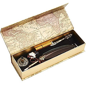 GC QUILL Feather Pen and Ink Set, Calligraphy Quill Pen with Metal Letter Opener Pen Holder 6 Nibs 1 Dip Ink and 1 Sealing Wax Gift for Kids Adults Writers – MU-08