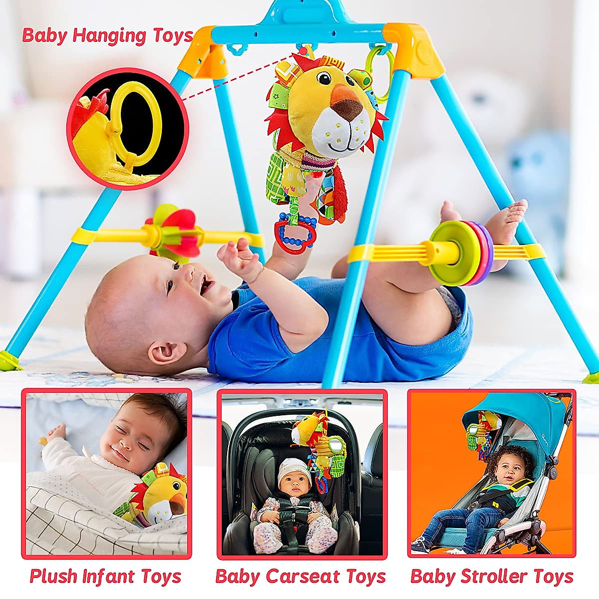 JERICETOY Baby Toy Plush Infant Toy with Musical Box Baby Carseat Toy Stroller Hanging Toy Development Toy with Rattles Crinkle Teether Magic Mirror, Stroller Clip-On Carseat Cot Crib Bed - Lion