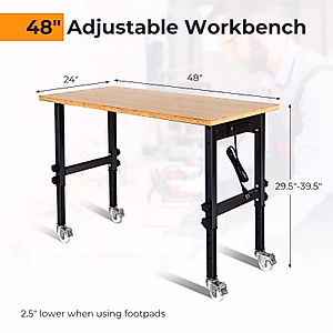 Goplus Work Bench, 48” Mobile Work Table with Power Outlet, Removable Wheels & Foot Pads, Bamboo Wood Top,1984LBS Capacity,Heavy Duty Tool Bench, Adjustable Rolling Workbench for Garage Home Workshop