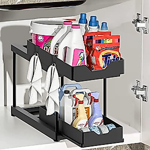 2-Tier Under Sink Organizer, Double Sliding Cabinet Storage Drawer, Storage Pull For Home Bathroom Kitchen Pantry Office, with 4 Hooks 2 Hanging Cups 4 Dividers 4 Non-Slip Feet