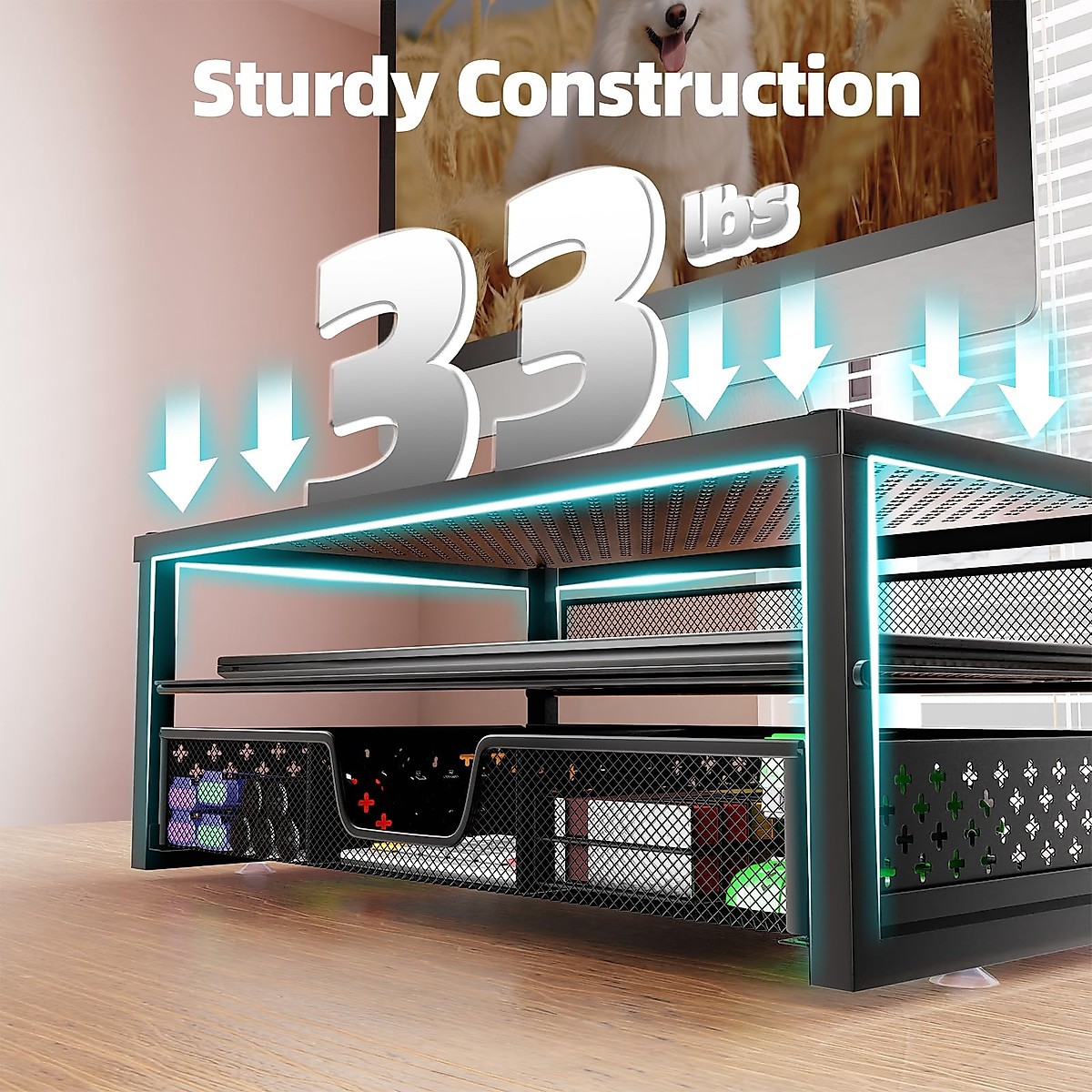 Simple Trending-Metal Monitor Stand Riser and Computer Desk Organizer with Drawer for Laptop, Computer, iMac, Black