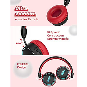 gorsun E95A Kids Headphones Wireless with Mic, Bluetooth 5.1, LED Lights Kids Bluetooth Headphones, 85dB Volume Limited Toddler Headphones, Stereo Headsets for School Tablet PC, Red