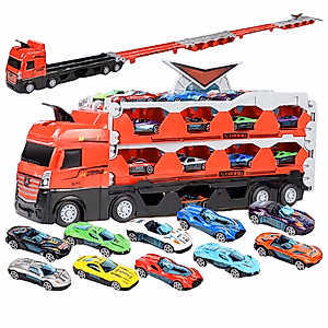 Peticehi Mega Hauler Truck with Ejection Race Track, Kids Deform Catapulting and Shooting Big Truck Folding Storage Transporter Toy, Toy Truck Transporter Car Carrier for Kids 3+ Years Old (8 Car)