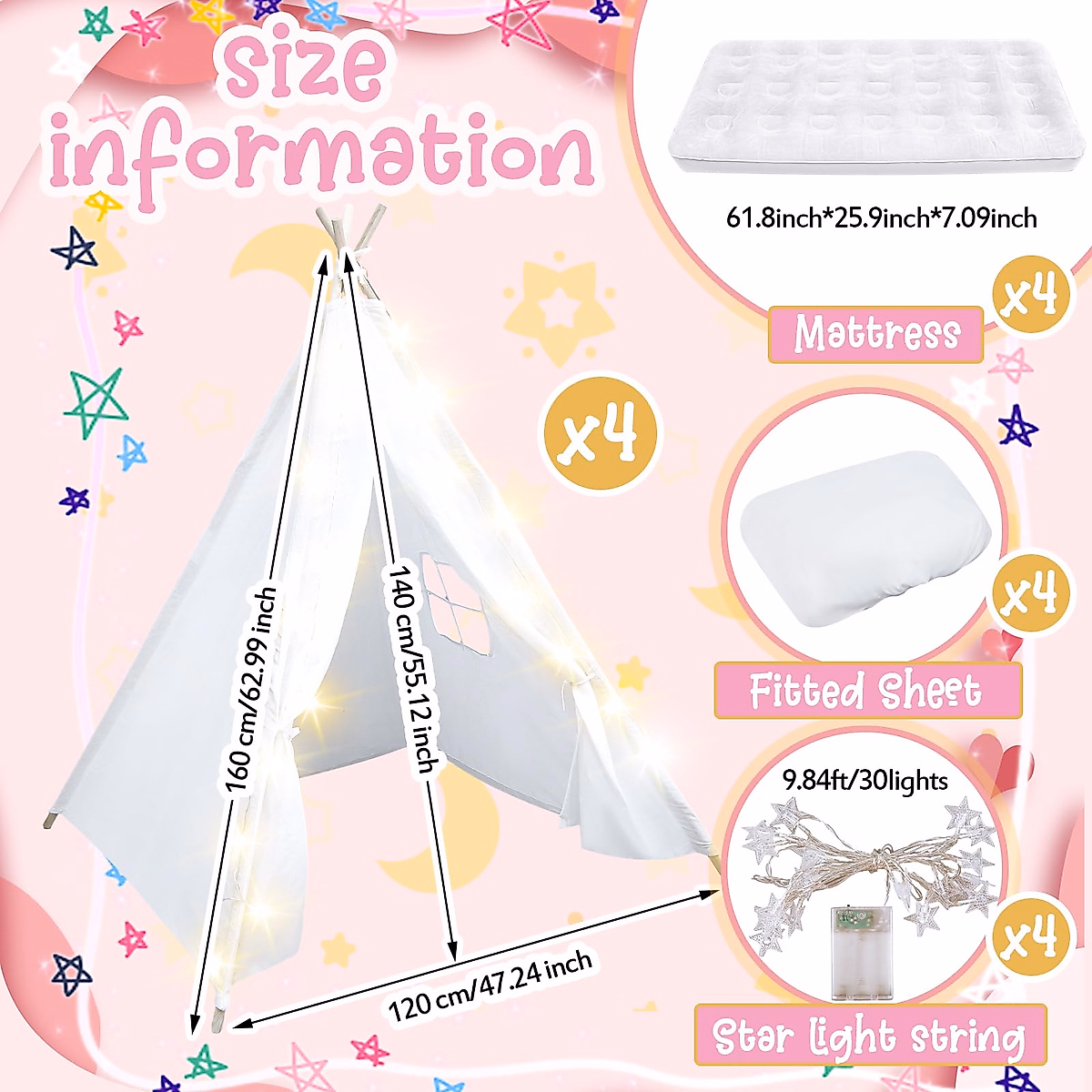 Windyun 4 Pack Kids Teepee Tent Bulk with Light String & Inflatable Airbed & Bedding Fitted Sheet, Natural Cotton Toddler Play Tent Washable Foldable Tent for Girls Boys Indoor Outdoor (White)